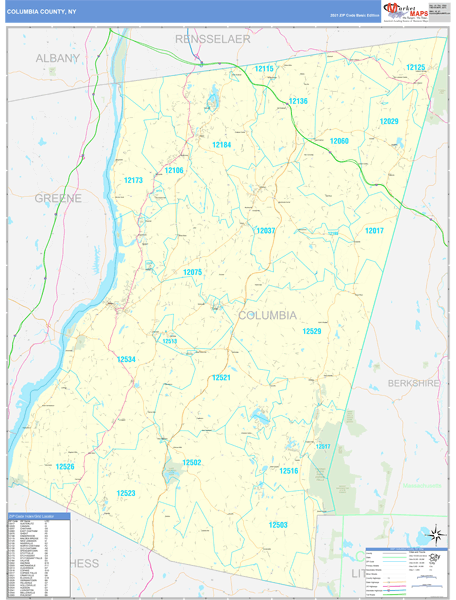 Columbia County, NY Zip Code Wall Map Basic Style by MarketMAPS