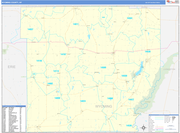 Wyoming County, NY Zip Code Wall Map Basic Style by MarketMAPS