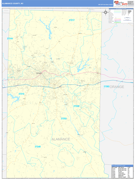 Alamance County, NC Zip Code Wall Map Basic Style by MarketMAPS