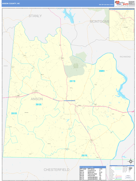 Anson County, NC Zip Code Wall Map Basic Style by MarketMAPS