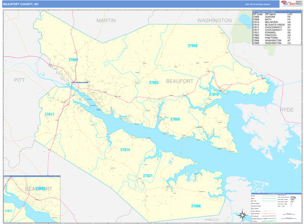 Beaufort County, NC Zip Code Wall Map Basic Style by MarketMAPS
