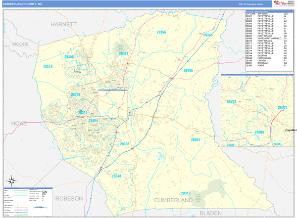 Cumberland County, NC Zip Code Wall Map Basic Style by MarketMAPS