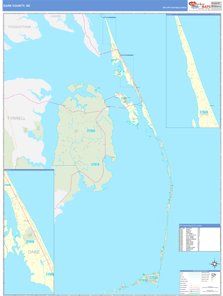 Dare County, NC Zip Code Wall Map Basic Style by MarketMAPS