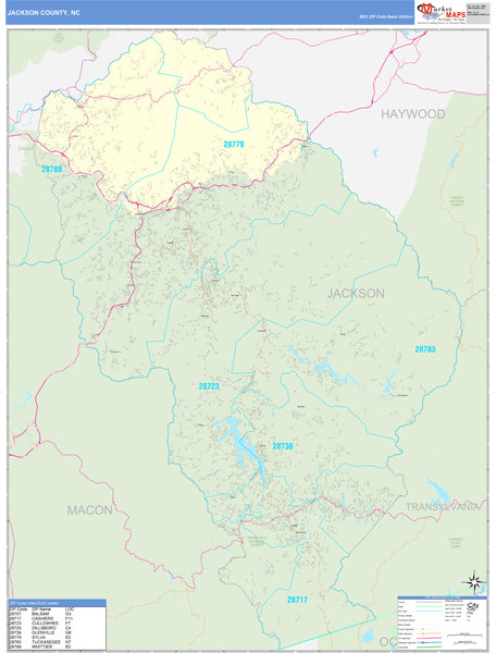 Jackson County, NC Zip Code Wall Map Basic Style by MarketMAPS