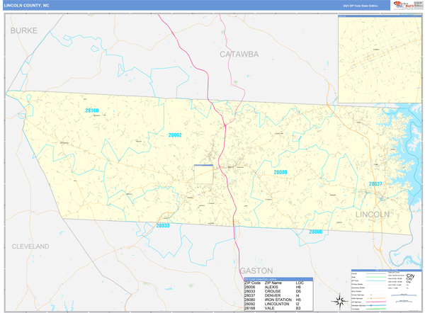Lincoln County, NC Zip Code Wall Map Basic Style by MarketMAPS