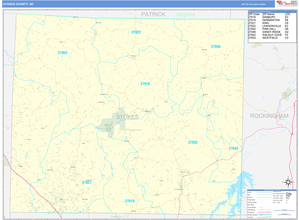 Stokes County, NC Zip Code Wall Map Basic Style by MarketMAPS