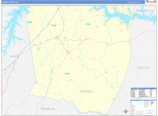 Warren County, NC Zip Code Wall Map Basic Style by MarketMAPS