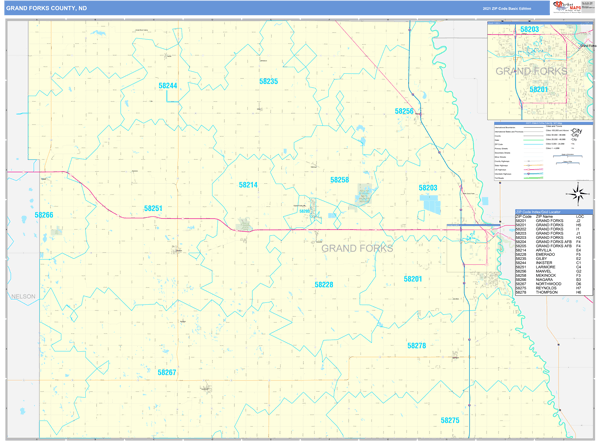 Grand Forks County, ND Zip Code Wall Map Basic Style by MarketMAPS