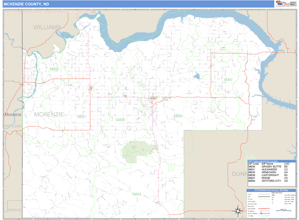 McKenzie County, ND Zip Code Wall Map Basic Style by MarketMAPS