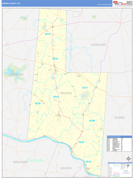 Brown County, OH Zip Code Wall Map Basic Style by MarketMAPS