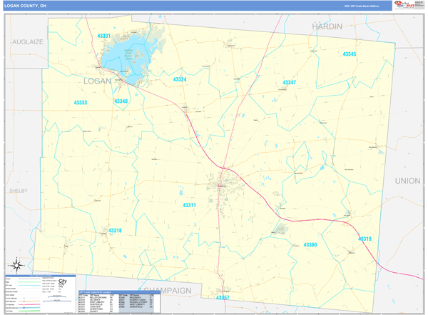 Logan County, OH Zip Code Wall Map Basic Style by MarketMAPS