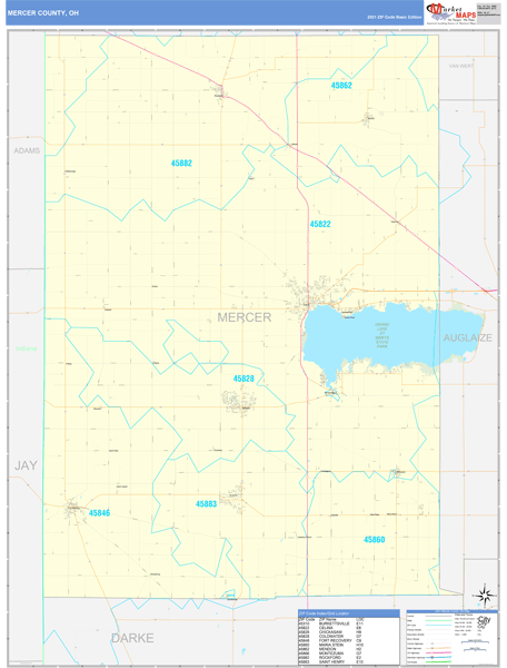 Mercer County, OH Zip Code Wall Map Basic Style by MarketMAPS