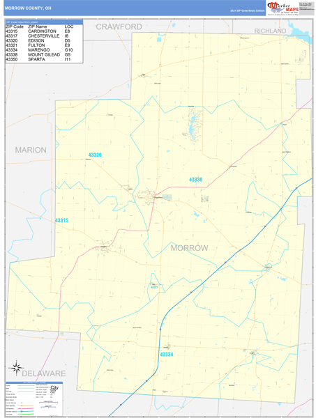 Morrow County, OH Zip Code Wall Map Basic Style by MarketMAPS