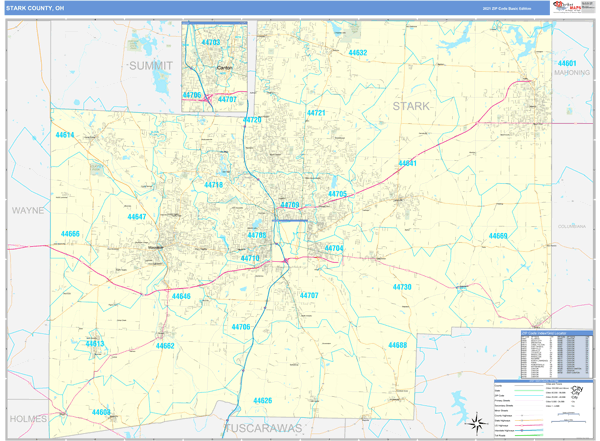 Stark County, OH Zip Code Wall Map Basic Style by MarketMAPS