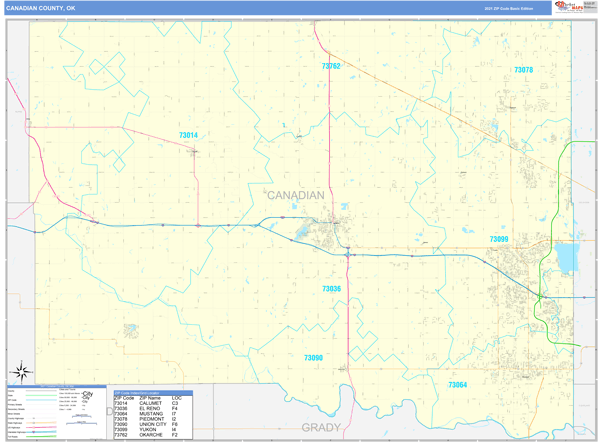 Canadian County, OK Zip Code Wall Map Basic Style by MarketMAPS