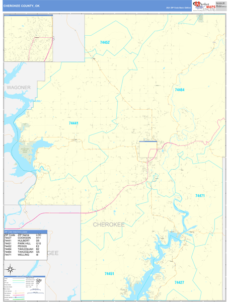 Cherokee County, OK Zip Code Wall Map Basic Style by MarketMAPS