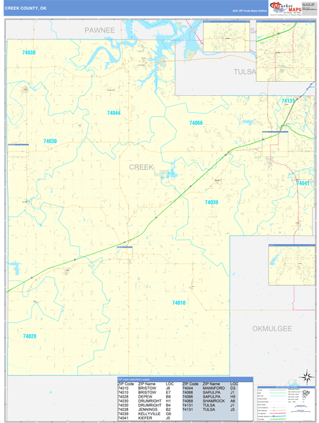 Creek County, OK Zip Code Wall Map Basic Style by MarketMAPS