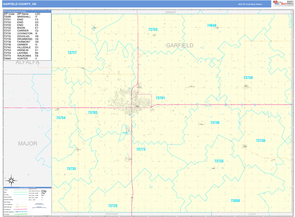 Garfield County, OK Zip Code Wall Map Basic Style by MarketMAPS