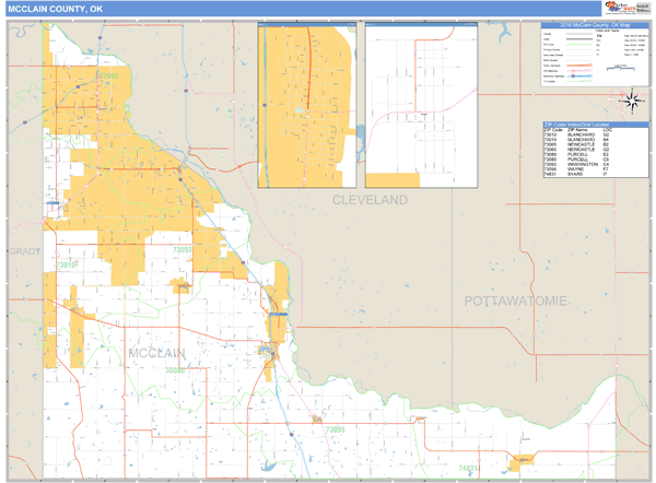 McClain County, OK Zip Code Wall Map Basic Style by MarketMAPS