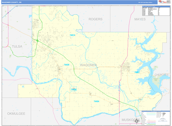 Wagoner County, OK Zip Code Wall Map Basic Style by MarketMAPS