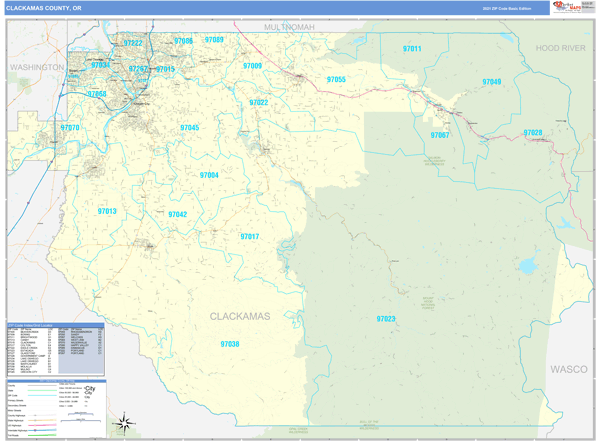 Clackamas County, OR Zip Code Wall Map Basic Style by MarketMAPS