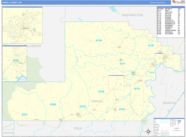 Yamhill County, OR Zip Code Wall Map Basic Style by MarketMAPS