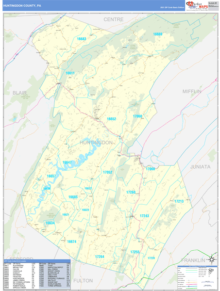 Huntingdon County, PA Zip Code Wall Map Basic Style by MarketMAPS
