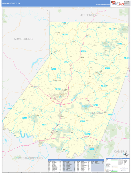 Indiana County, PA Zip Code Wall Map Basic Style by MarketMAPS