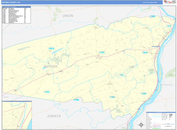 Snyder County, PA Zip Code Wall Map Basic Style by MarketMAPS