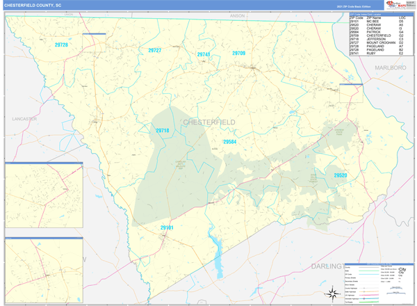 Chesterfield County, SC Zip Code Wall Map Basic Style by MarketMAPS