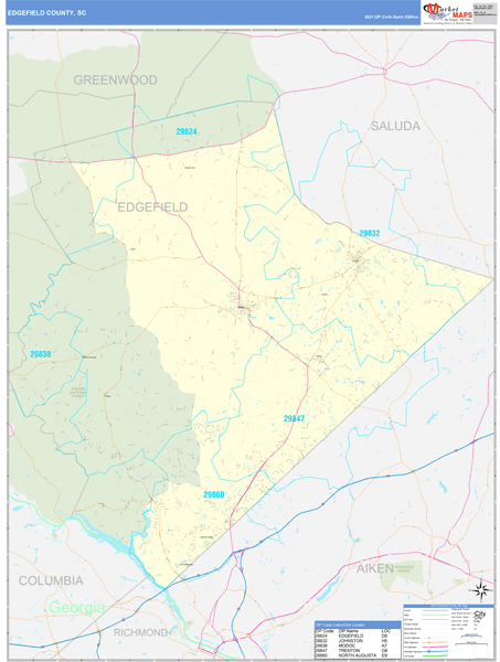 Edgefield County, SC Zip Code Wall Map Basic Style by MarketMAPS