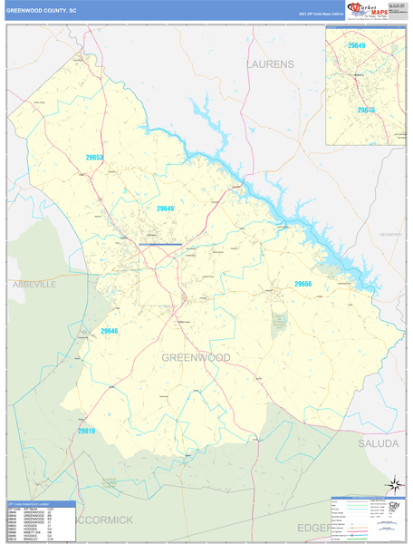 Greenwood County, SC Zip Code Wall Map Basic Style by MarketMAPS