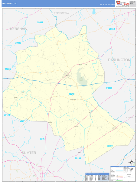 Lee County, SC Zip Code Wall Map Basic Style by MarketMAPS