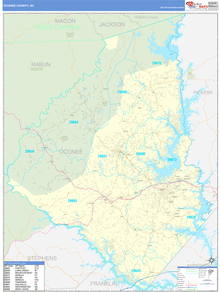 Oconee County, SC Zip Code Wall Map Basic Style by MarketMAPS