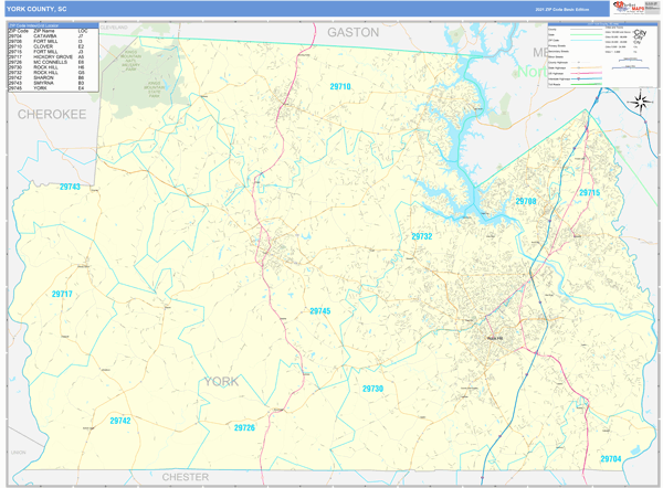 York County, SC Zip Code Wall Map Basic Style by MarketMAPS