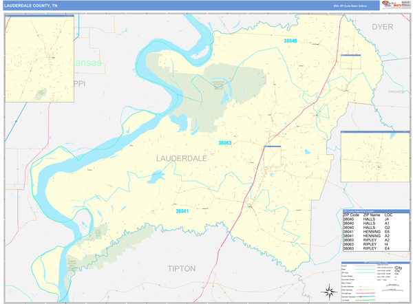 Lauderdale County, TN Zip Code Wall Map Basic Style by MarketMAPS