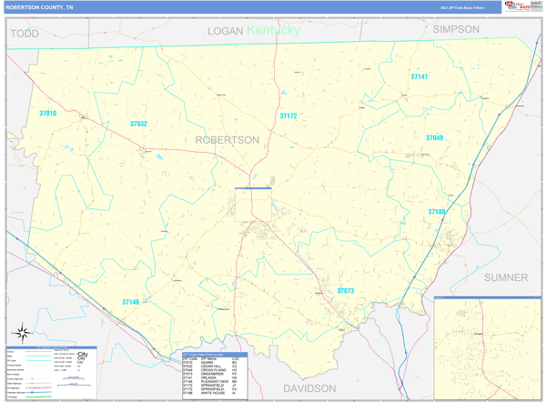 Robertson County, TN Zip Code Wall Map Basic Style by MarketMAPS