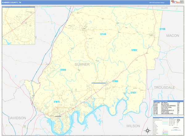 Sumner County, TN Zip Code Wall Map Basic Style by MarketMAPS