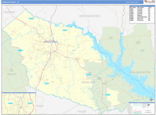 Angelina County, TX Zip Code Wall Map Basic Style by MarketMAPS