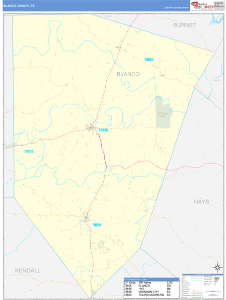 Blanco County, TX Zip Code Wall Map Basic Style by MarketMAPS