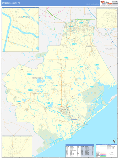 Brazoria County, TX Zip Code Wall Map Basic Style by MarketMAPS
