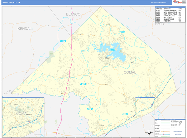 Comal County, TX Zip Code Wall Map Basic Style by MarketMAPS