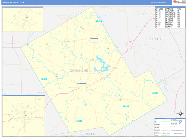 Comanche County, TX Zip Code Wall Map Basic Style by MarketMAPS