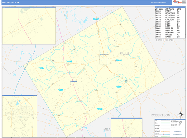 Falls County, TX Zip Code Wall Map Basic Style by MarketMAPS
