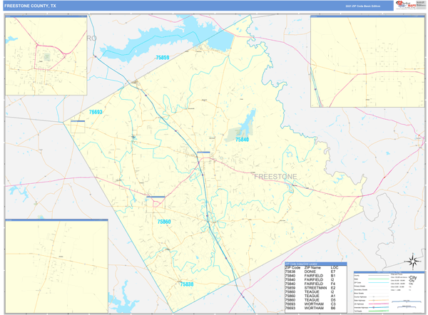 Freestone County, TX Zip Code Wall Map Basic Style by MarketMAPS