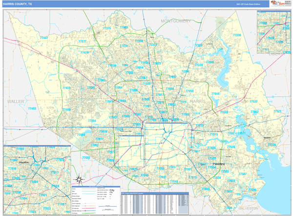 Harris County, TX Zip Code Wall Map Basic Style by MarketMAPS