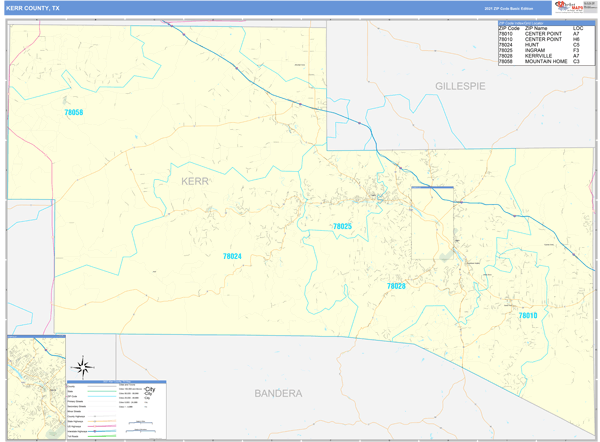 Kerr County, TX Zip Code Wall Map Basic Style by MarketMAPS