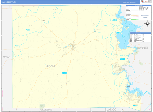 Llano County, TX Wall Map Basic Style by MarketMAPS