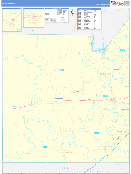 Medina County, TX Zip Code Wall Map Basic Style by MarketMAPS