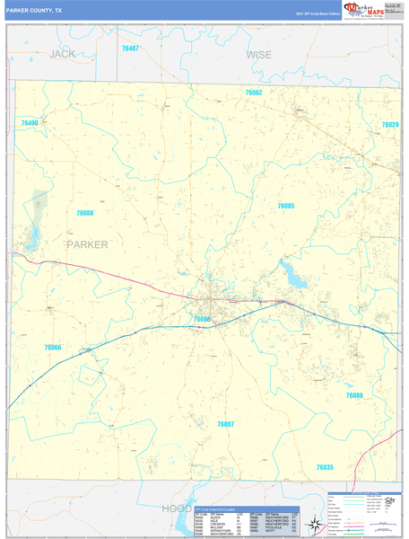Parker County, TX Zip Code Wall Map Basic Style by MarketMAPS